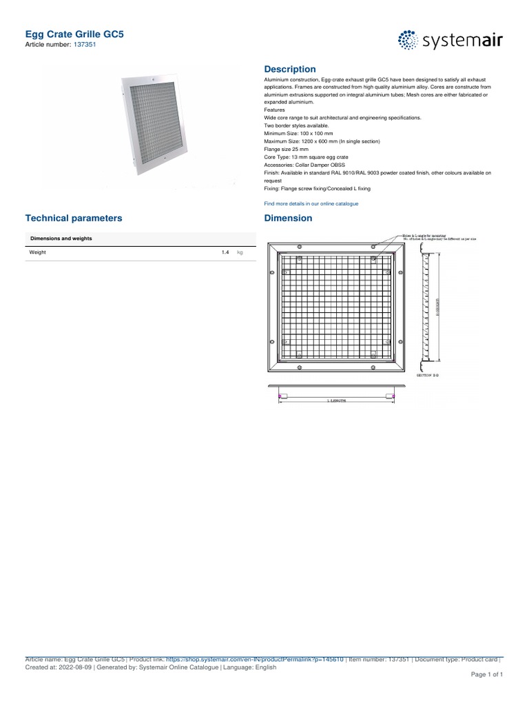 Systemair Egg Crate Grille GC5 | PDF
