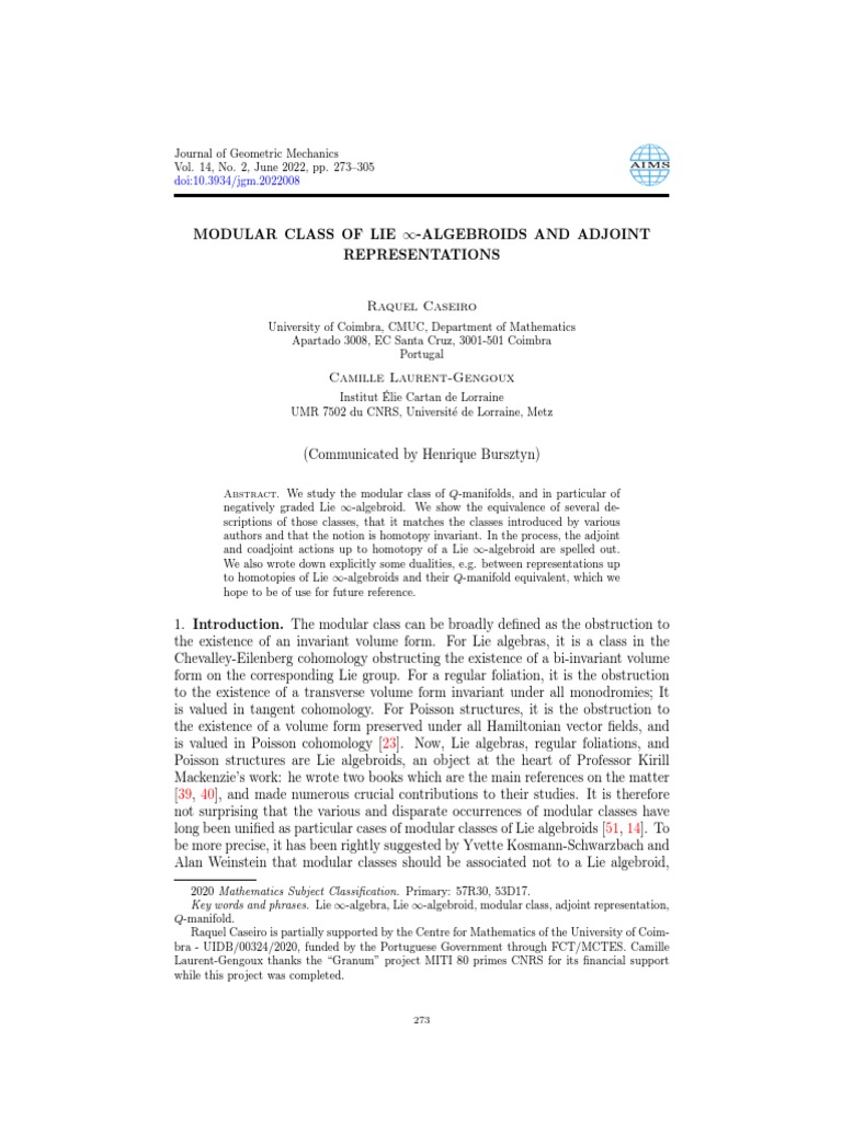 J GEOMET MECH-Castro-Modular Class Lie Algebroids | PDF | Vector Space | Lie Algebra
