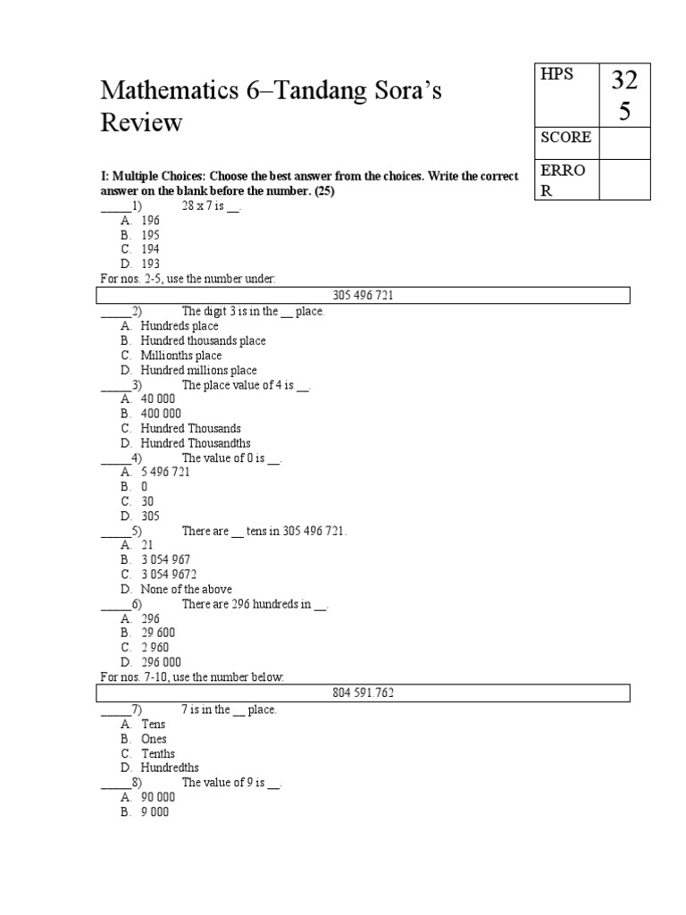 Mathematics 6-TS 1st QTR Rev. | Download Free PDF | Numbers | Notation