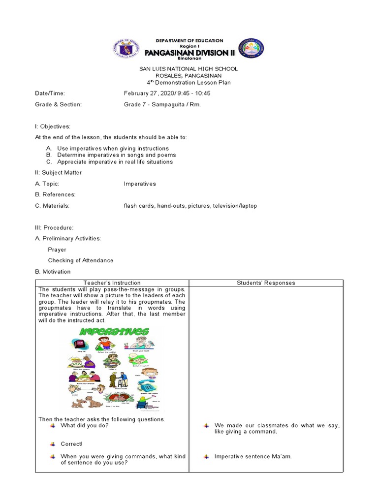 Grade 7 Lesson Plan: Imperatives | PDF | Lesson Plan | Behavior ...