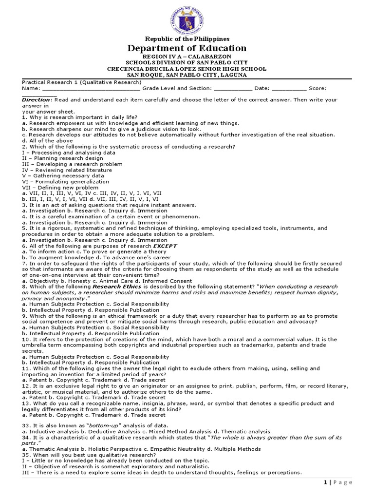 Practical Research 1-EXAM DRAFT | PDF | Qualitative Research ...