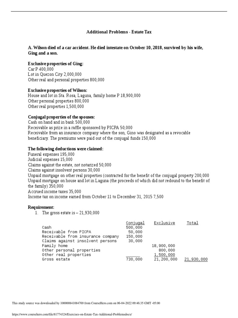 Estate Tax Calculation Exercises | PDF | Tax Deduction | Estate Tax In ...
