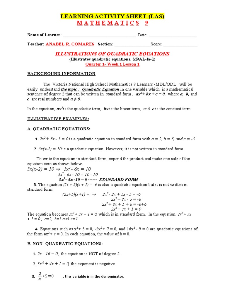 Math 9 Las Week1 S.Y. 2021 2022 | PDF | Quadratic Equation | Equations