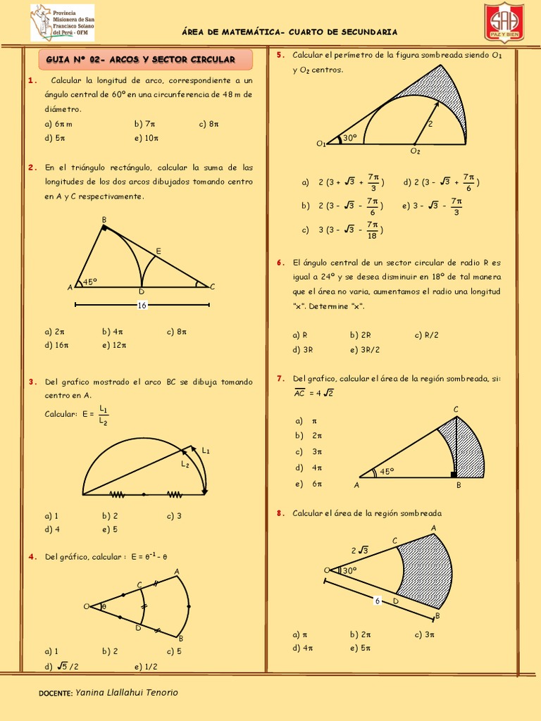 EJERCICIOS DE LONGITUD DE ARCO Y SECTOR CIRCULAR 2da Clase | PDF ...