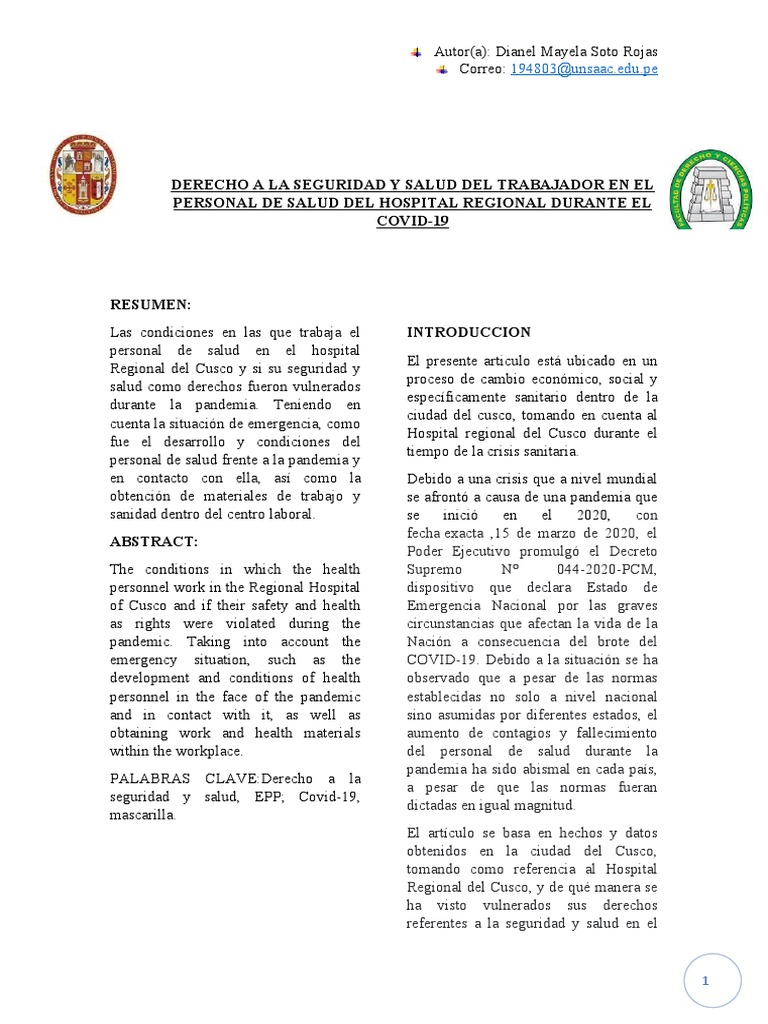 Articulo Sobre El Derecho A La Seguridad y Salud Del Trabajador en El Personal de Salud Del ...