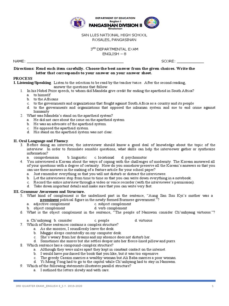 3rd Quarter Exam Grade 8 | PDF | Nelson Mandela | Apartheid