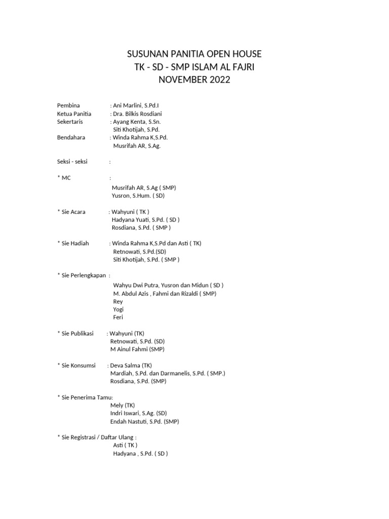 Susunan Panitia Open House | PDF