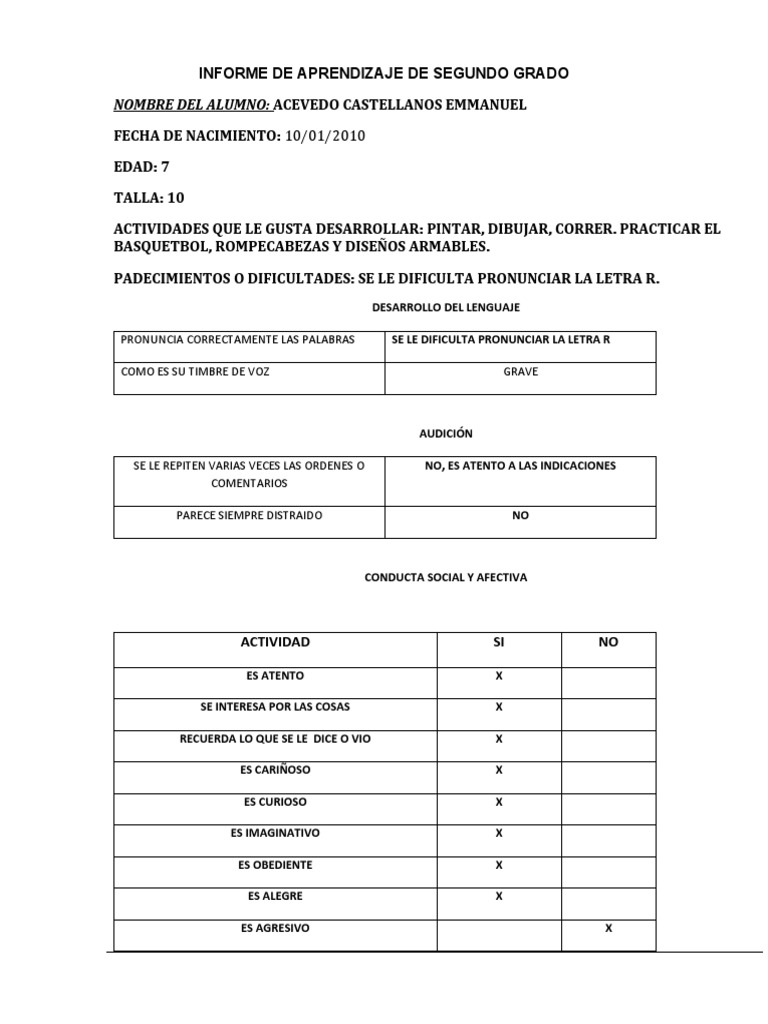 Informe de Aprendizaje: Segundo Grado | PDF | Aprendizaje | Aquisición ...