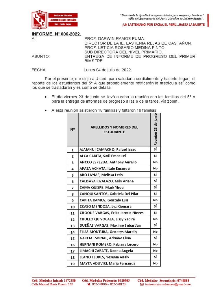 Informe de Entrega de Informes de Progreso I Bimestre 5° A | PDF