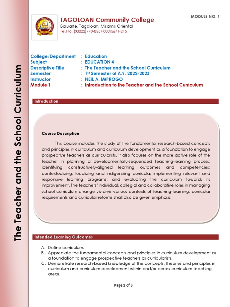 Module 1 Introduction The Teacher and The School Curriculum | PDF ...