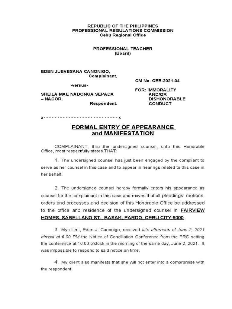 PRC Canonigo Entry of Appearance Manifestation | PDF | Judiciaries ...