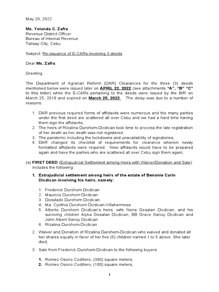 Letter To Bir For Renewal of Cars | PDF | Common Law | Civil Law ...