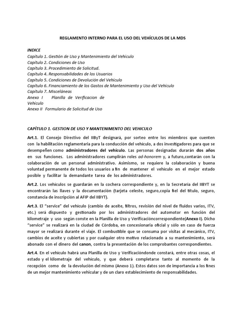 Reglamento Uso Del Vehiculo | PDF | Vehículos | Vehículo de motor
