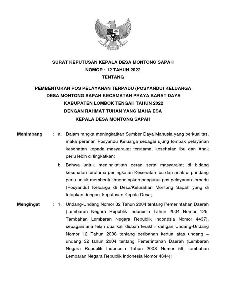 SK Posyandu Keluarga Desa MT Sapah 2022 | PDF