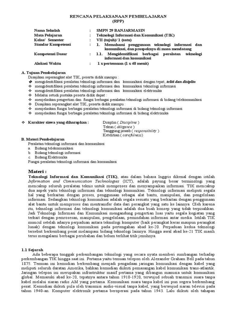 RPP TIK Kelas VII: Identifikasi Alat TIK | PDF | Seni | Komputer