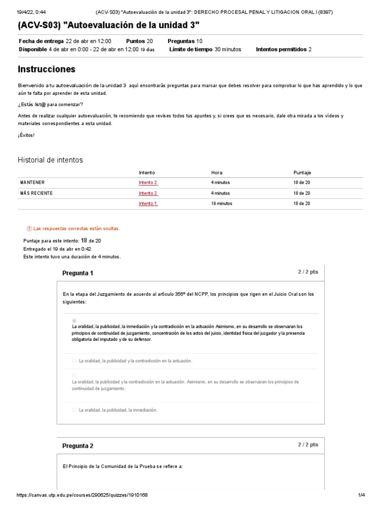 (ACV-S03) - Autoevaluación de La Unidad 3 - DERECHO PROCESAL PENAL Y ...