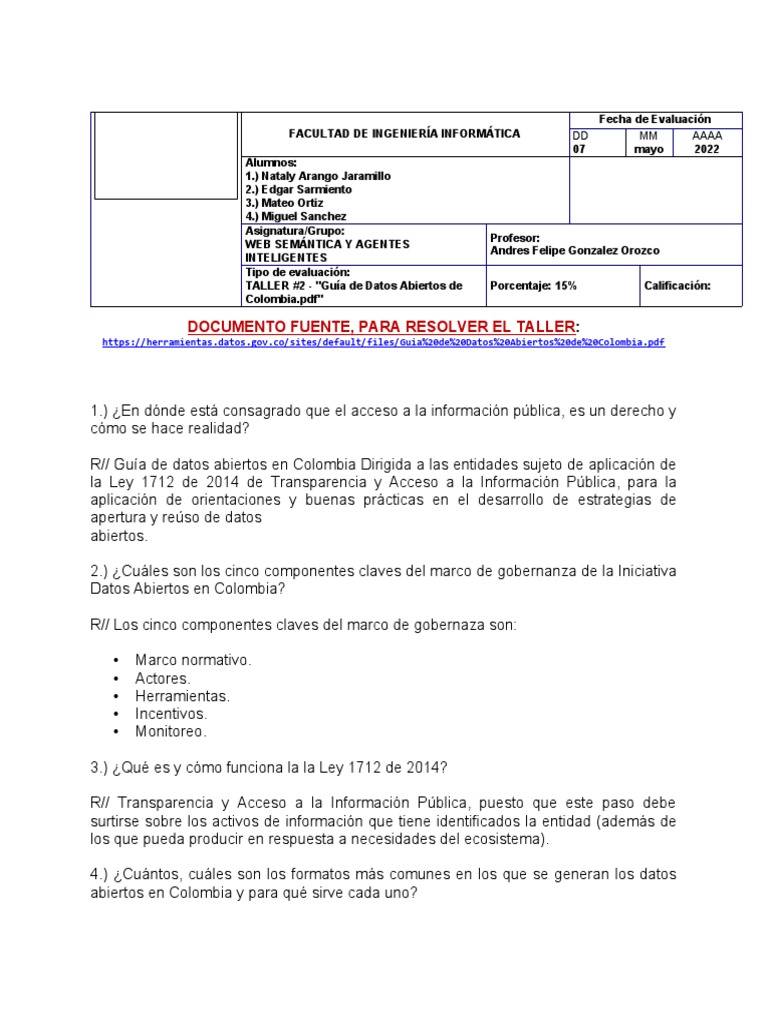 Taller - # - 2 - Guía de Datos Abiertos de Colombia | PDF | Gobierno E ...