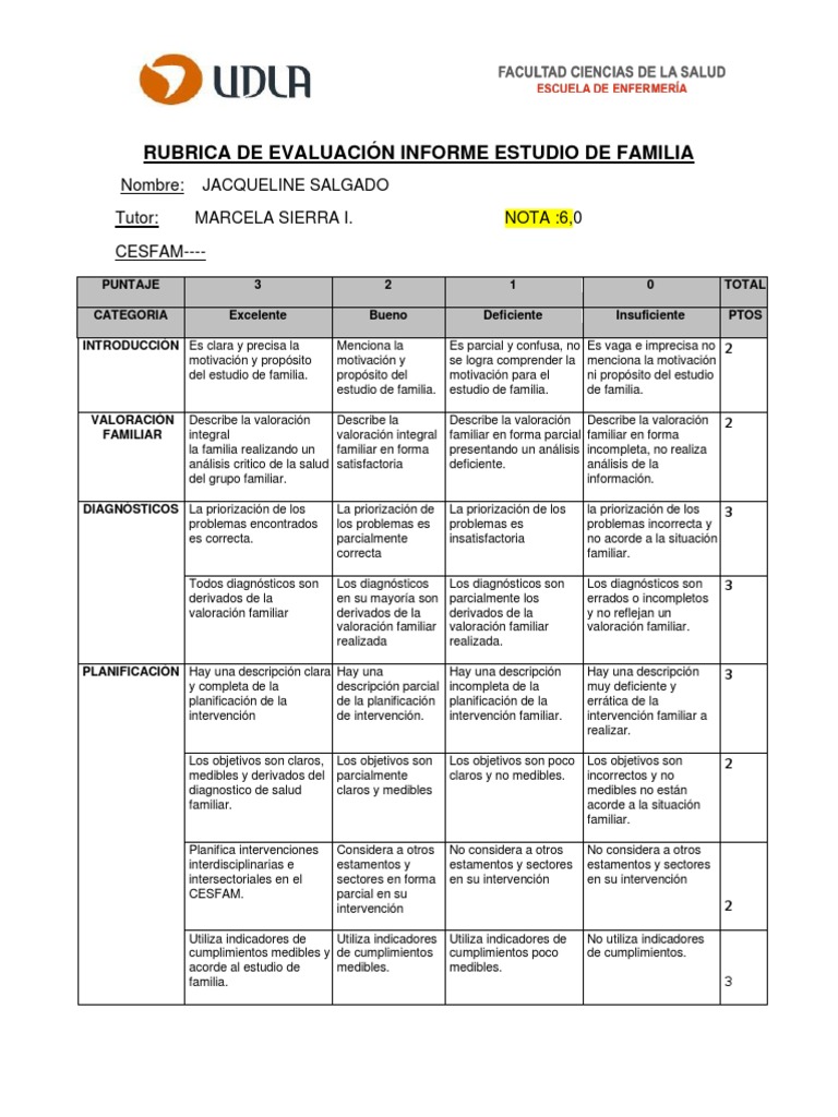 Rubrica Estudio de Familia J.SALGADO | PDF | Cognición | Ciencia cognitiva