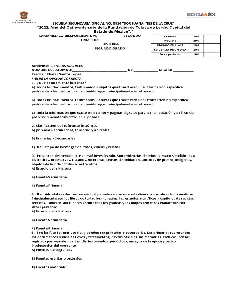 Análisis de examen de Historia del segundo grado de la escuela secundaria Sor Juana Inés de la ...