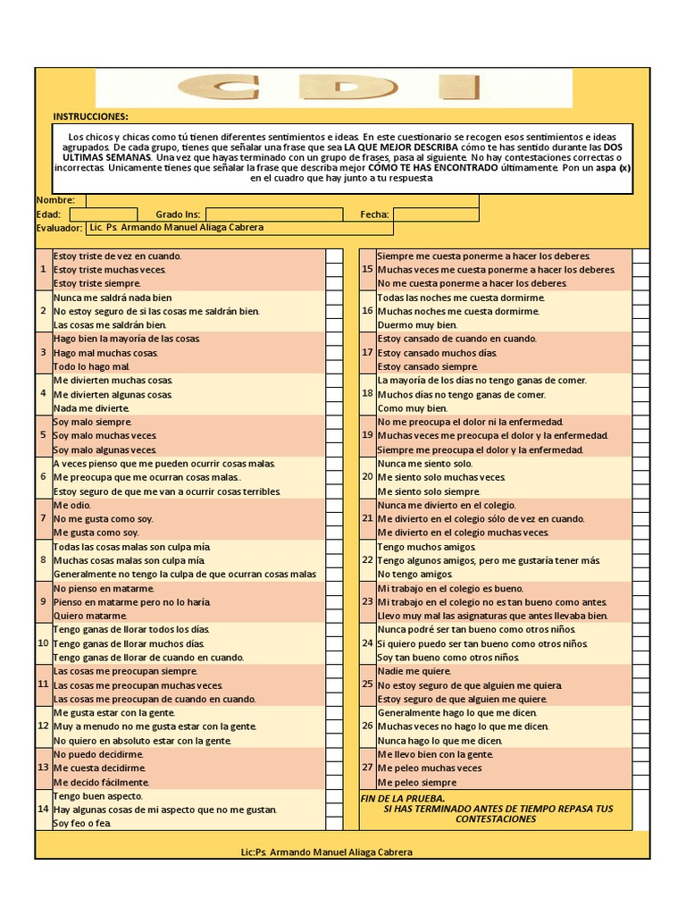 Cuestionario CDI de Depresión Infantil | PDF | Relaciones personales ...
