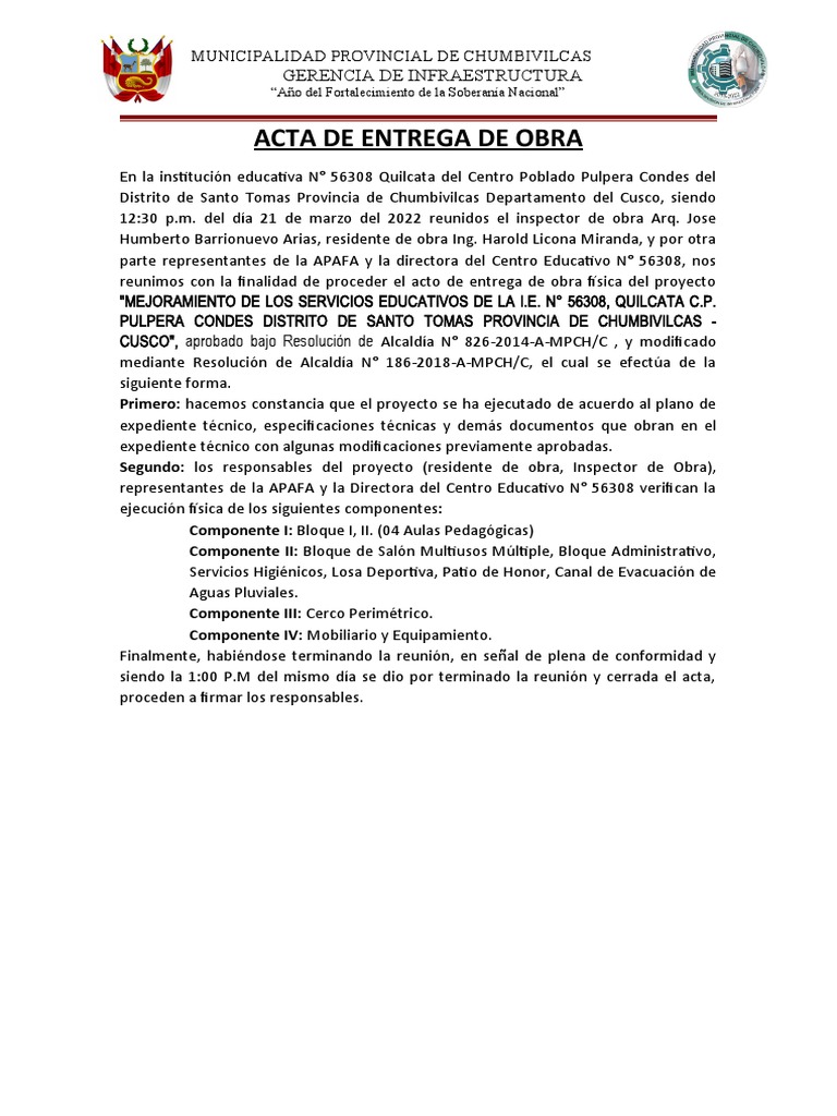 Acta de Entrega de Obra | PDF