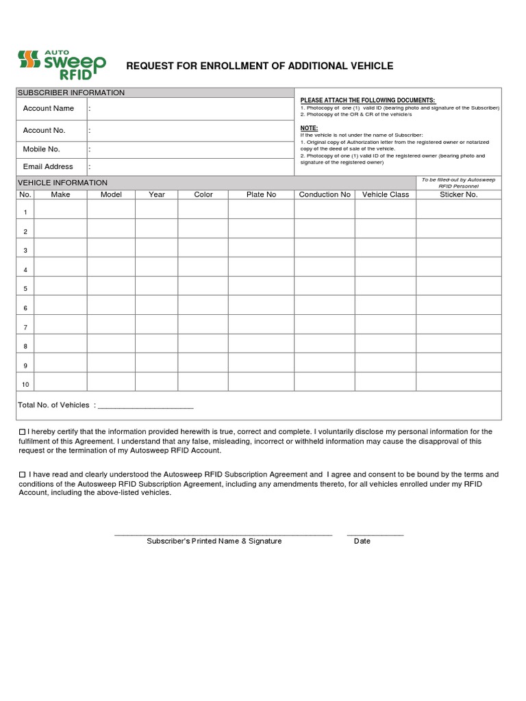 Autosweep RFID Vehicle Registration Form | PDF | Finance & Money Management | Law