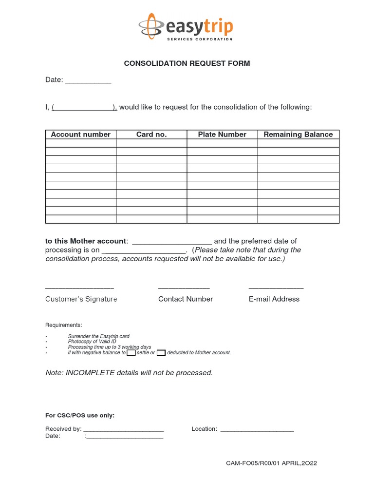 Request for Consolidation Form | PDF