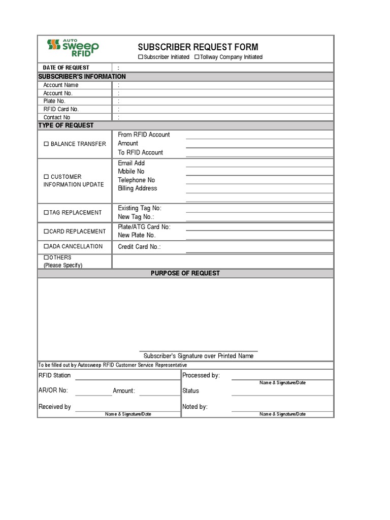 Autosweep Subscriber Request Form | PDF