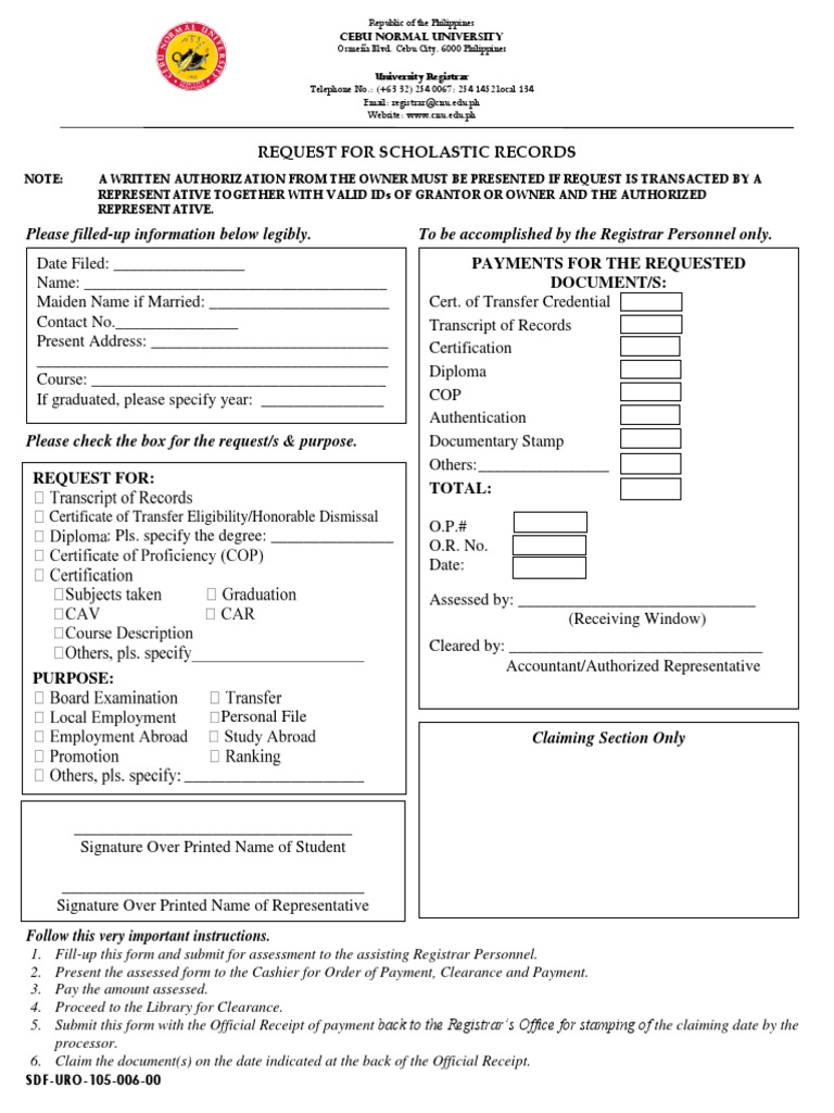 Request for Scholastic Records Form | PDF