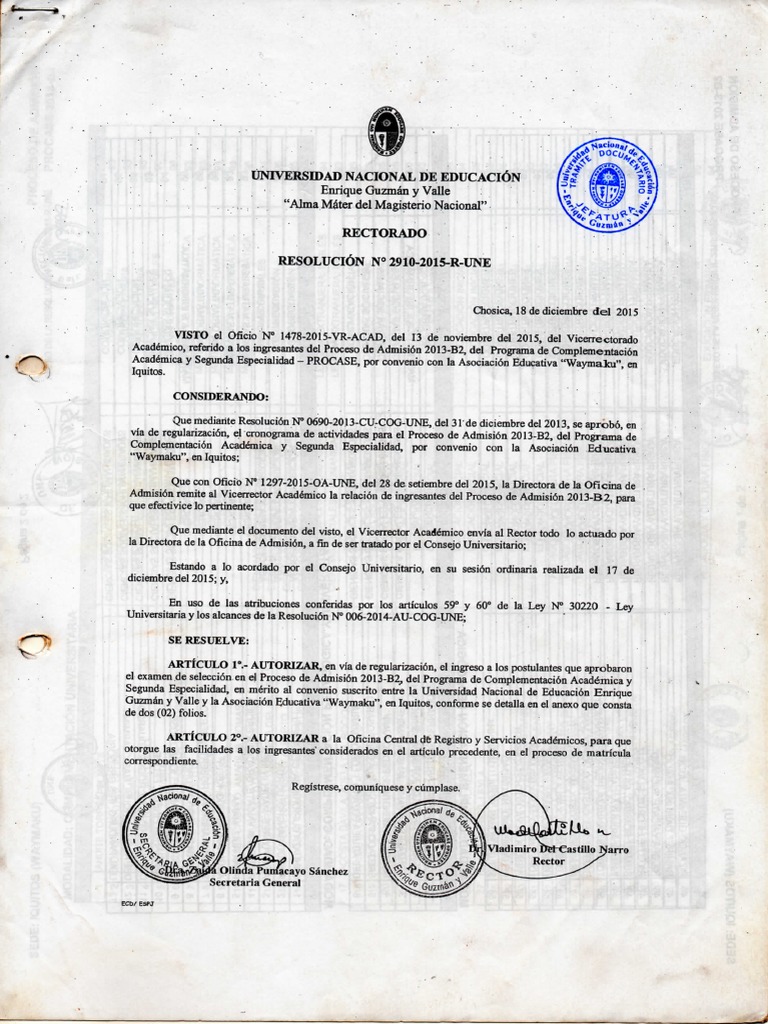 Resolución de Admisión UNE 2013-B2 | PDF