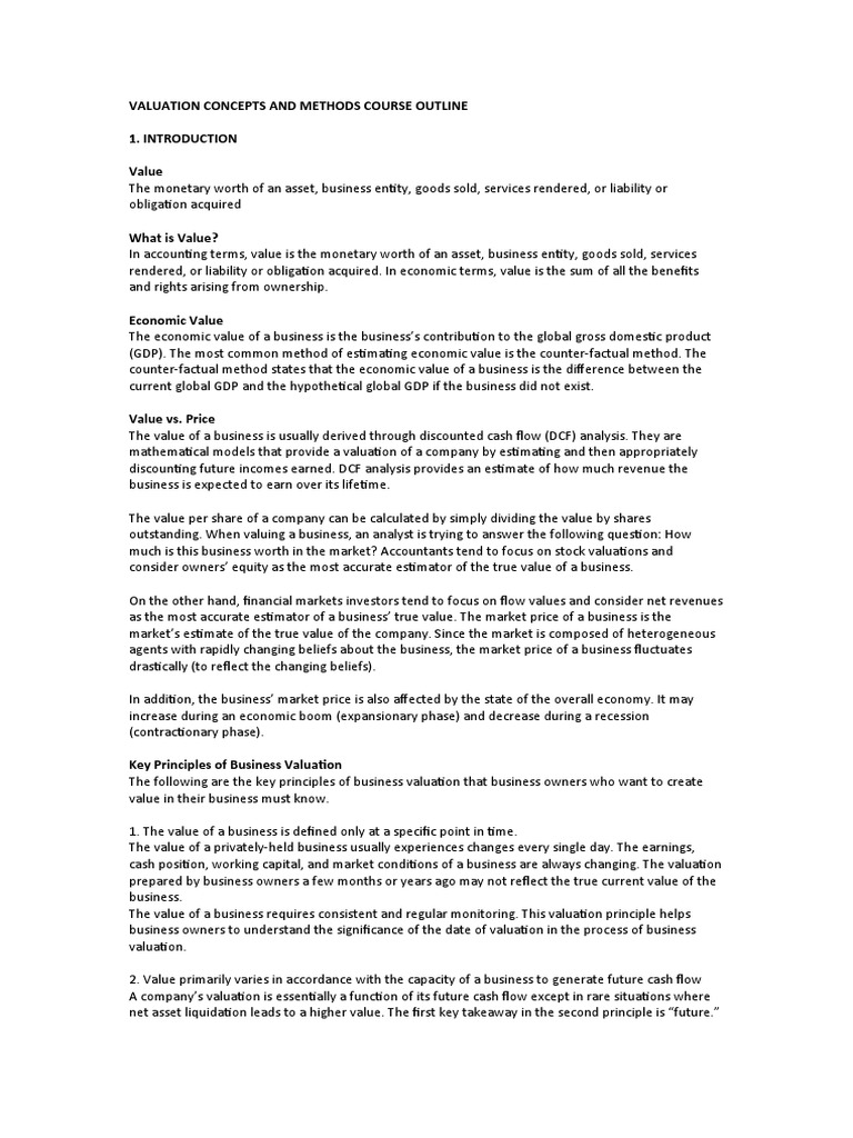 Valuation Concepts and Methods Course Outline | PDF | Valuation ...