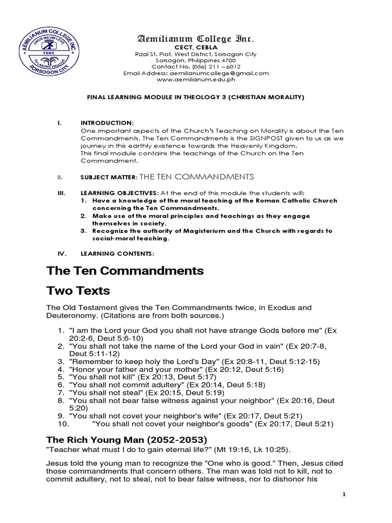 The Ten Commandments: Aemilianum College's Final Theology Module | PDF ...