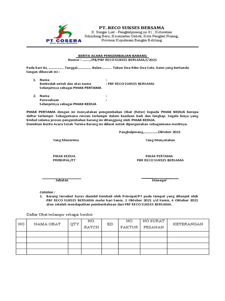 Surat Pengembalian Obat (Retur) | PDF