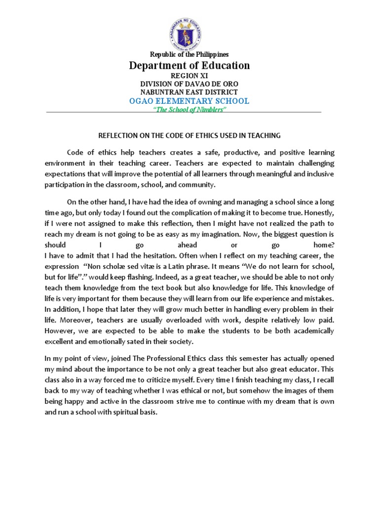 Reflection On The Code of Ethics Used in Teaching | PDF | Teachers ...