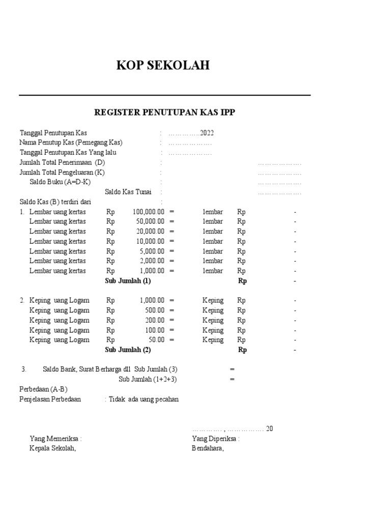Register Penutupan Kas 2022 | PDF