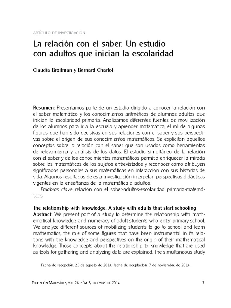 La Relación Con El Saber. Un Estudio Con Adultos Que Inician La Escolaridad | PDF | Aprendizaje ...