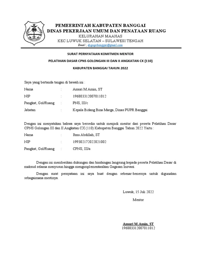 Surat Komitmen Mentor CPNS 2022 | PDF