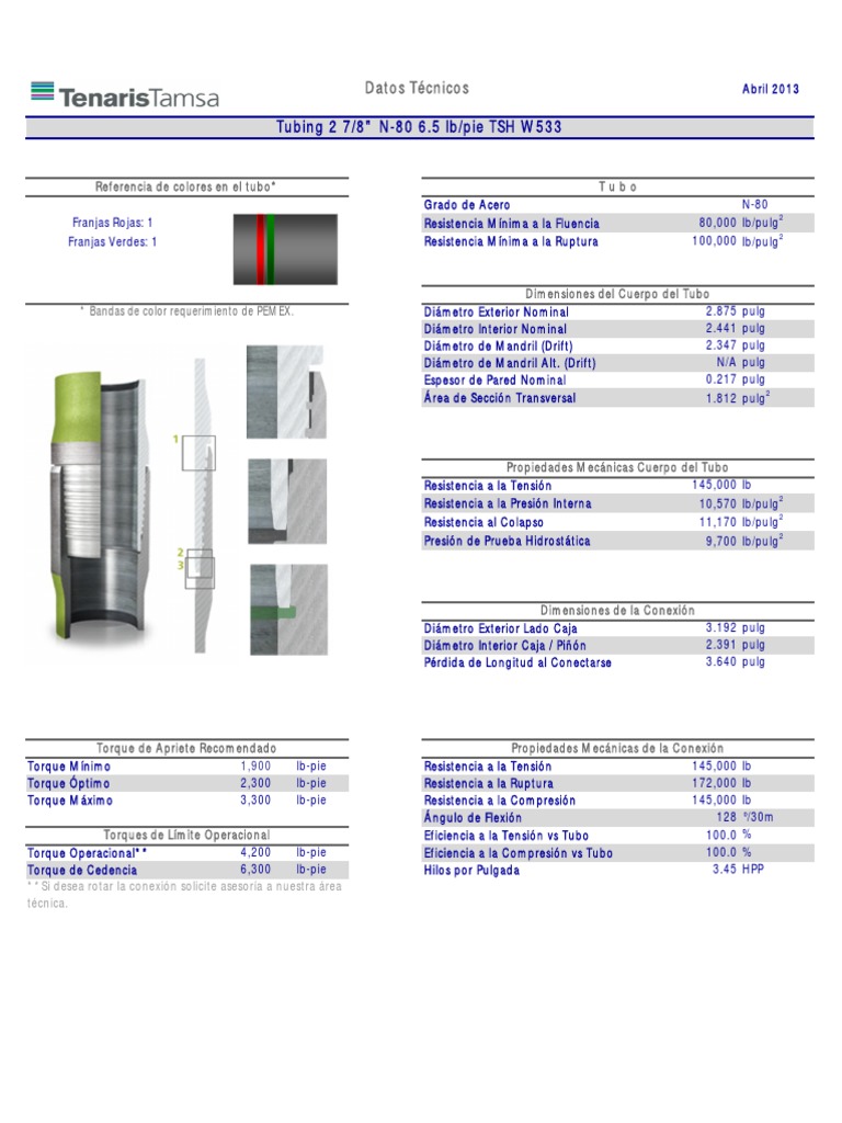 Tubing 2 7/8" N-80 6.5 Lb/pie TSH W533: Datos Técnicos | PDF | Mecánica ...