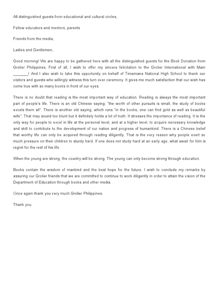 Acceptance Speech For Books Donation | PDF