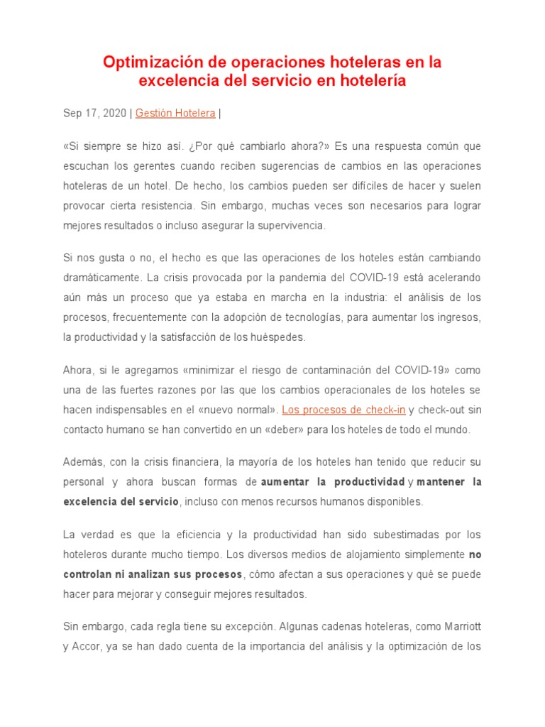 Optimización de Operaciones Hoteleras en La Excelencia Del Servicio en ...