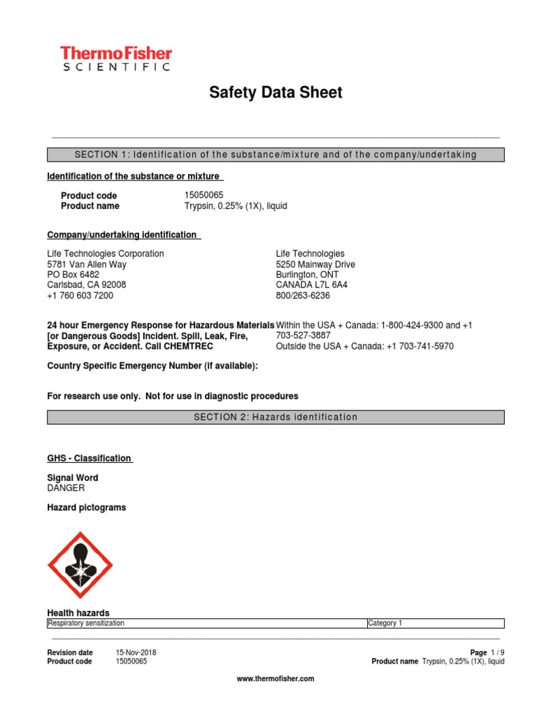 Trypsin MSDS | PDF | Personal Protective Equipment | Dangerous Goods
