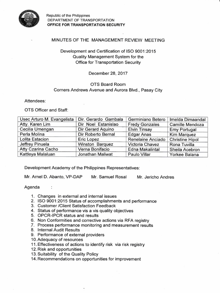 ISO 9001:2015 Management Review Minutes | PDF | Audit | Iso 9000