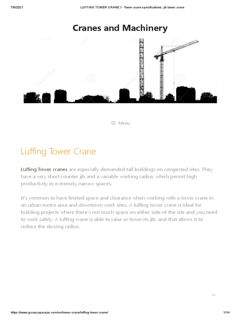 LUFFING TOWER CRANE Tower Crane Specifications - Jib Tower Crane | PDF | Crane (Machine ...