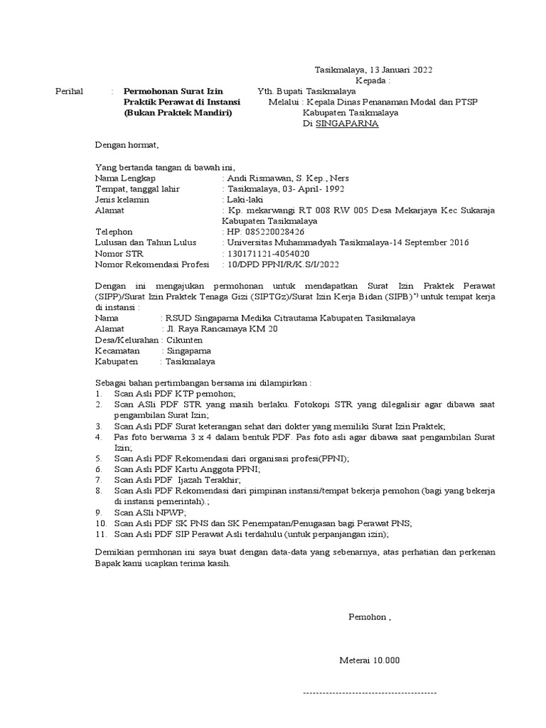 Form Permohonan SIP Perawat ANDI | PDF