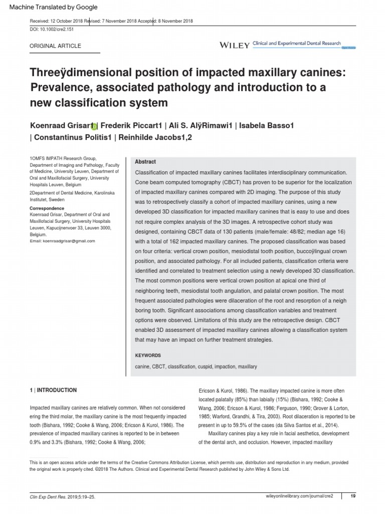 Three Dimensional Position of Impacted Maxillary Canines - Prevalence ...