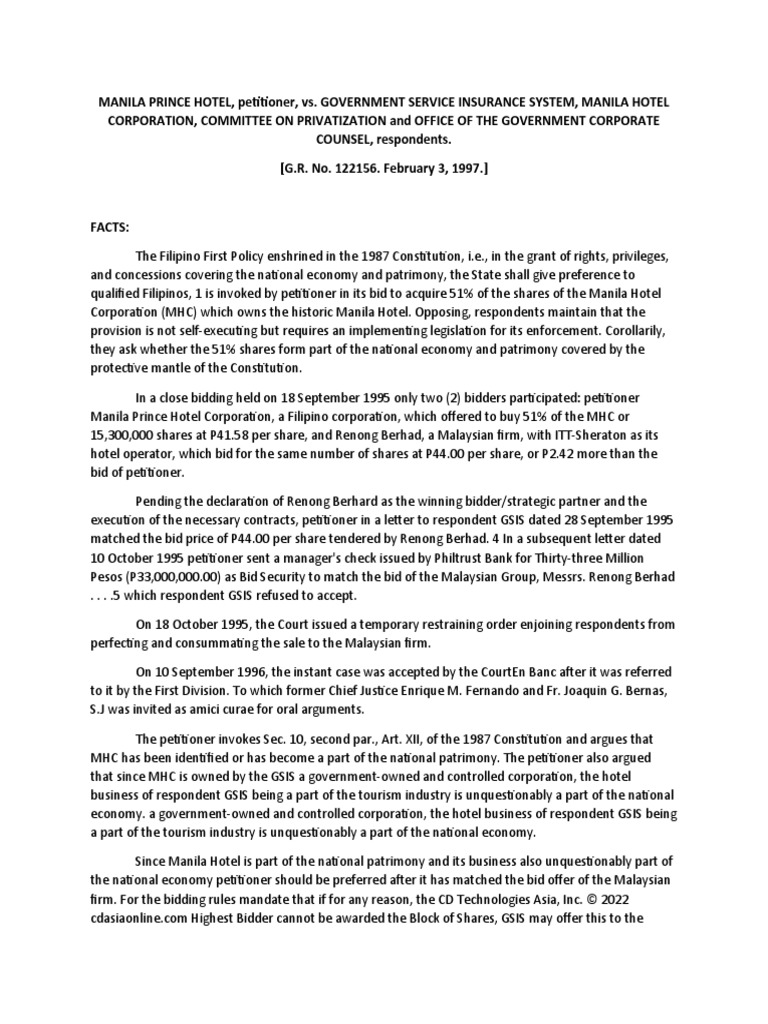 Case Digest - Manila Prince Hotel Vs GSIS | PDF | Property | Philippines