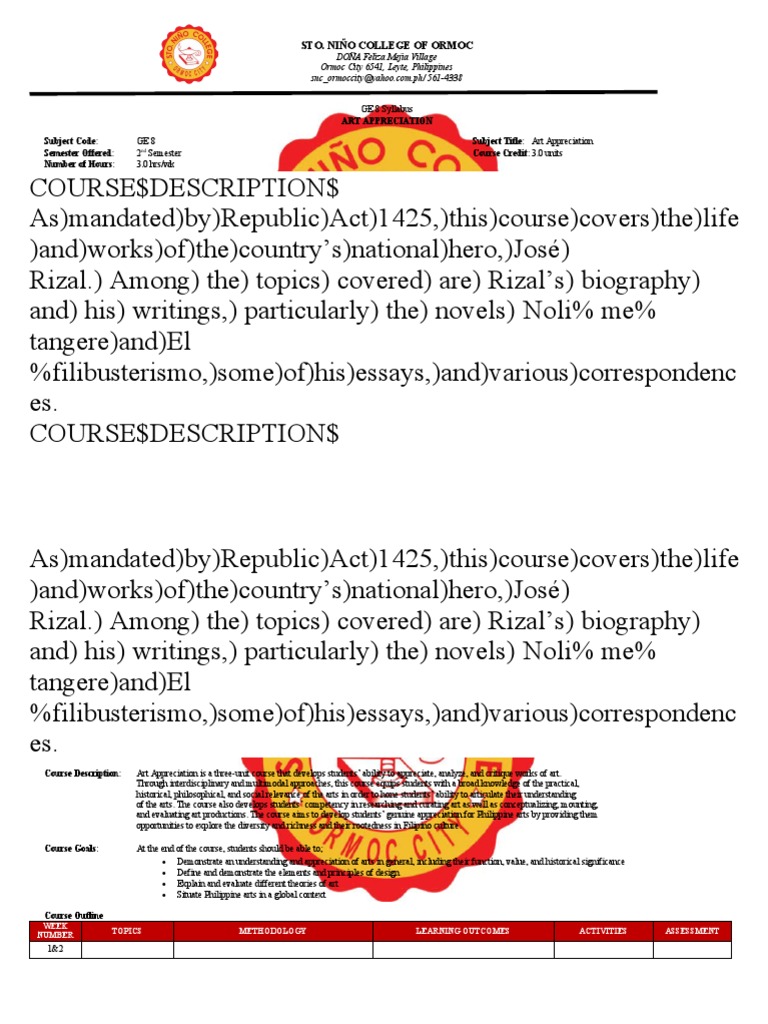 Art Appreciation Syllabus | PDF | Philippines | Essays
