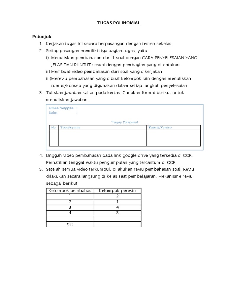 Tugas Polinomial untuk Siswa | PDF | Metode & Bahan Ajar