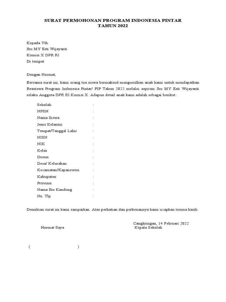 Surat Permohonan Program Indonesia Pintar | PDF