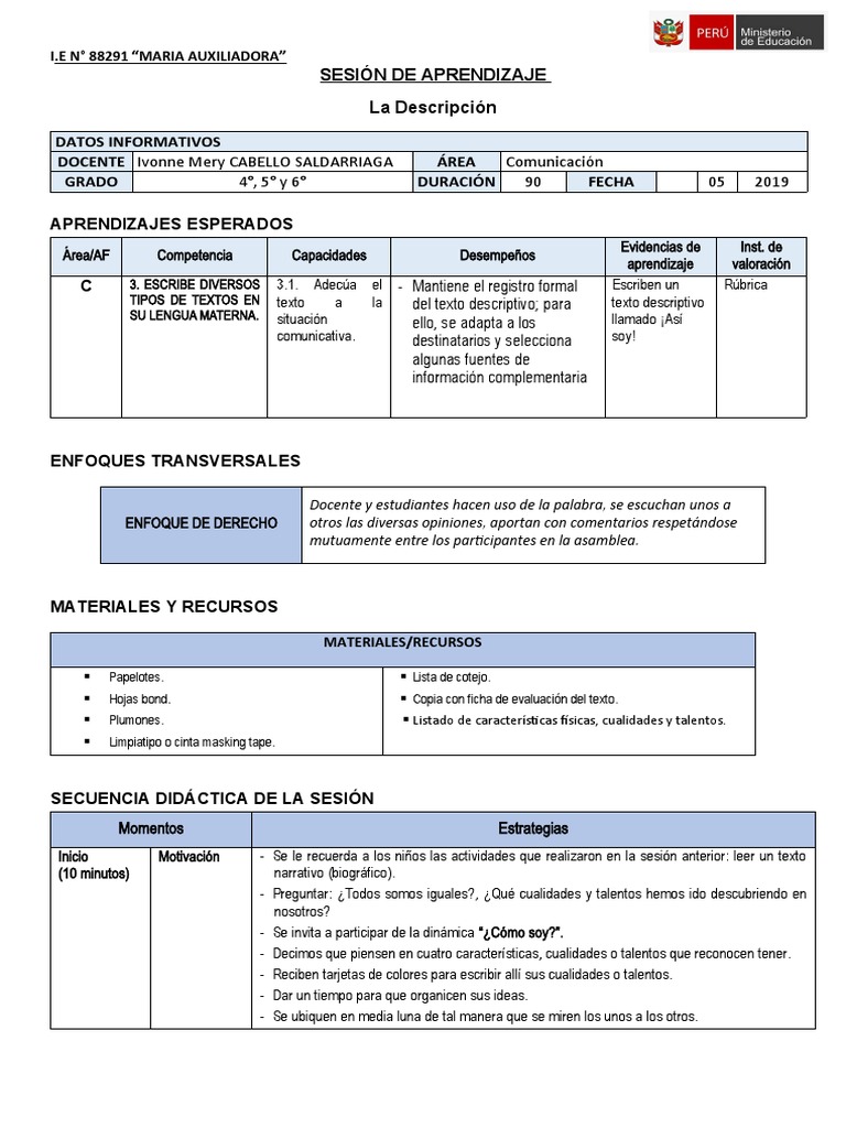 Sesión de Aprendizaje La Descripcion | PDF | Aprendizaje | Modificación de comportamiento